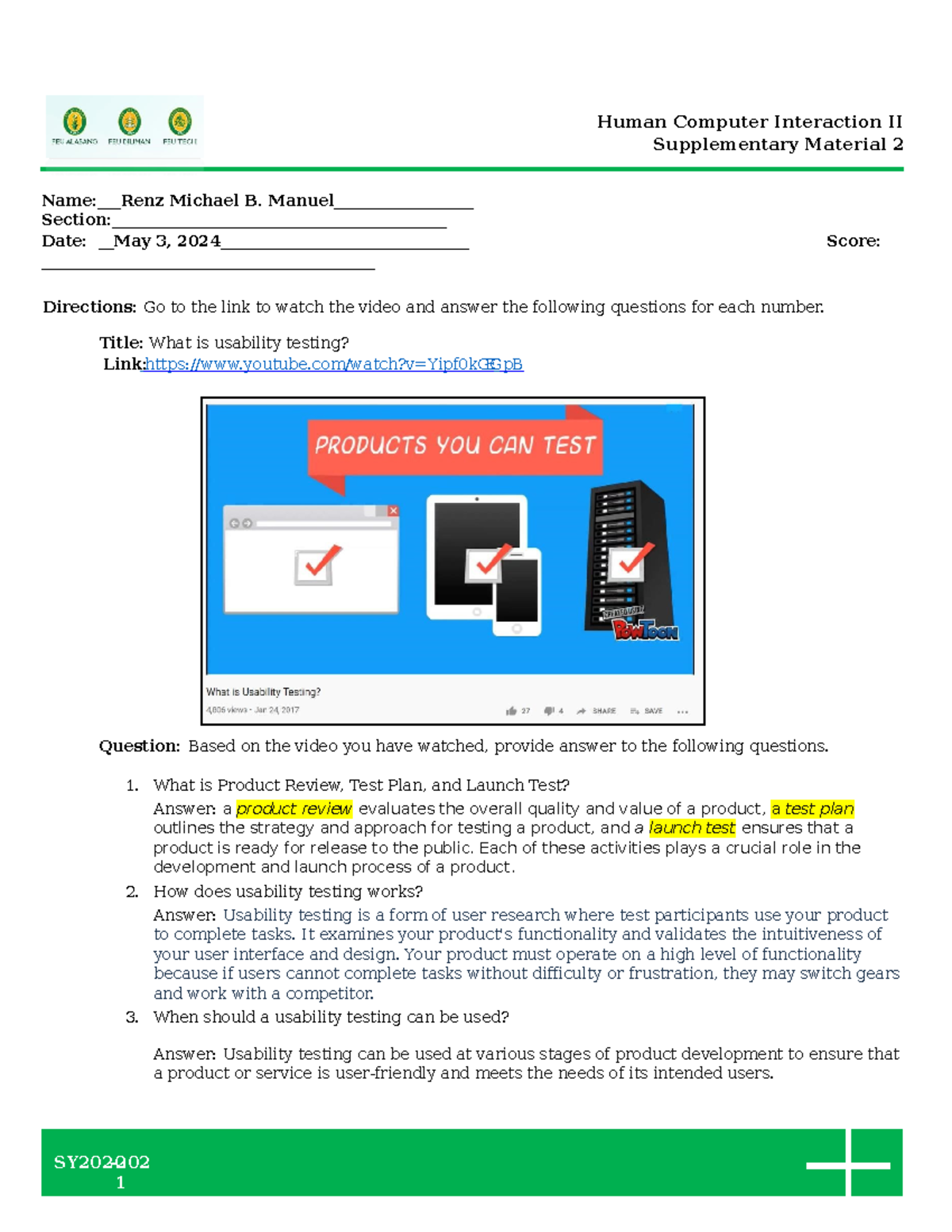 M2S1- Supplementary 2 - M2S1 assignment - Human Computer Interaction II Supplementary Material 2 ...