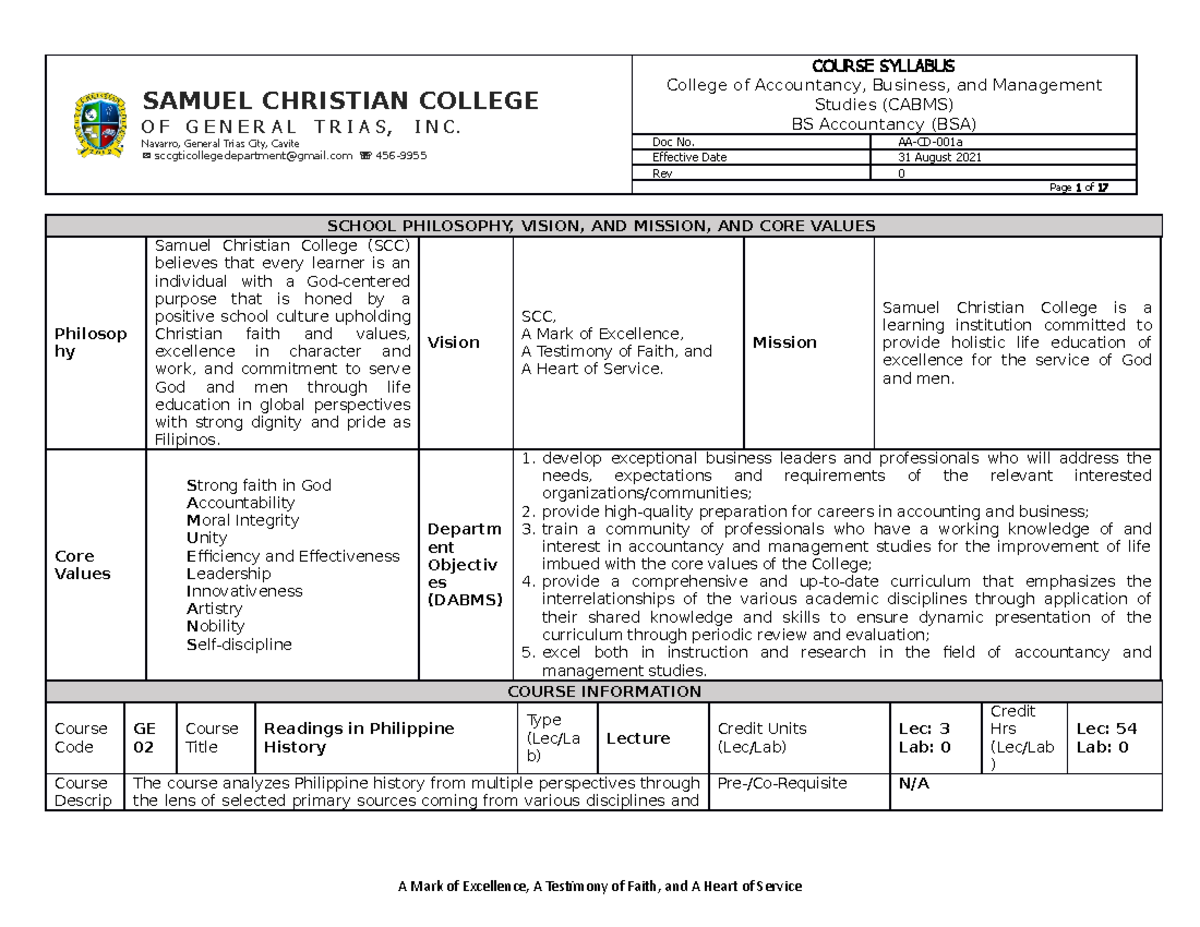 Syllabus BSA GE02 - The course analyzes Philippine history from ...