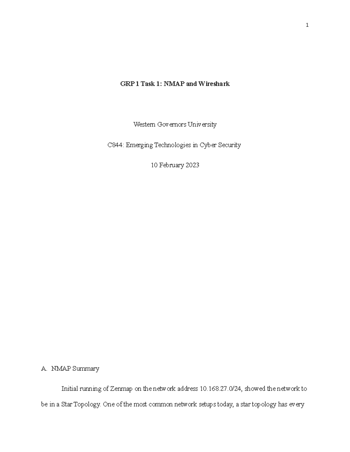 GRP 1 Task 1 - NMAP and Wireshark - 1 GRP 1 Task 1: NMAP and Wireshark Western Governors ...
