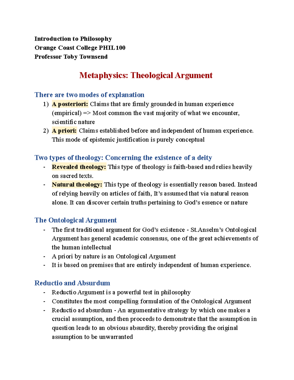 Metaphysics Theological Argument - Introduction to Philosophy Orange ...