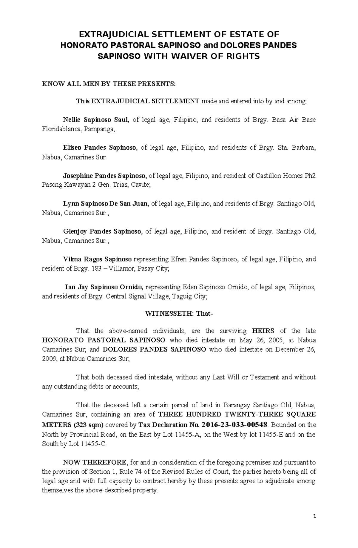 EJS-Sapinoso- Final - EXTRAJUDICIAL SETTLEMENT OF ESTATE OF HONORATO ...