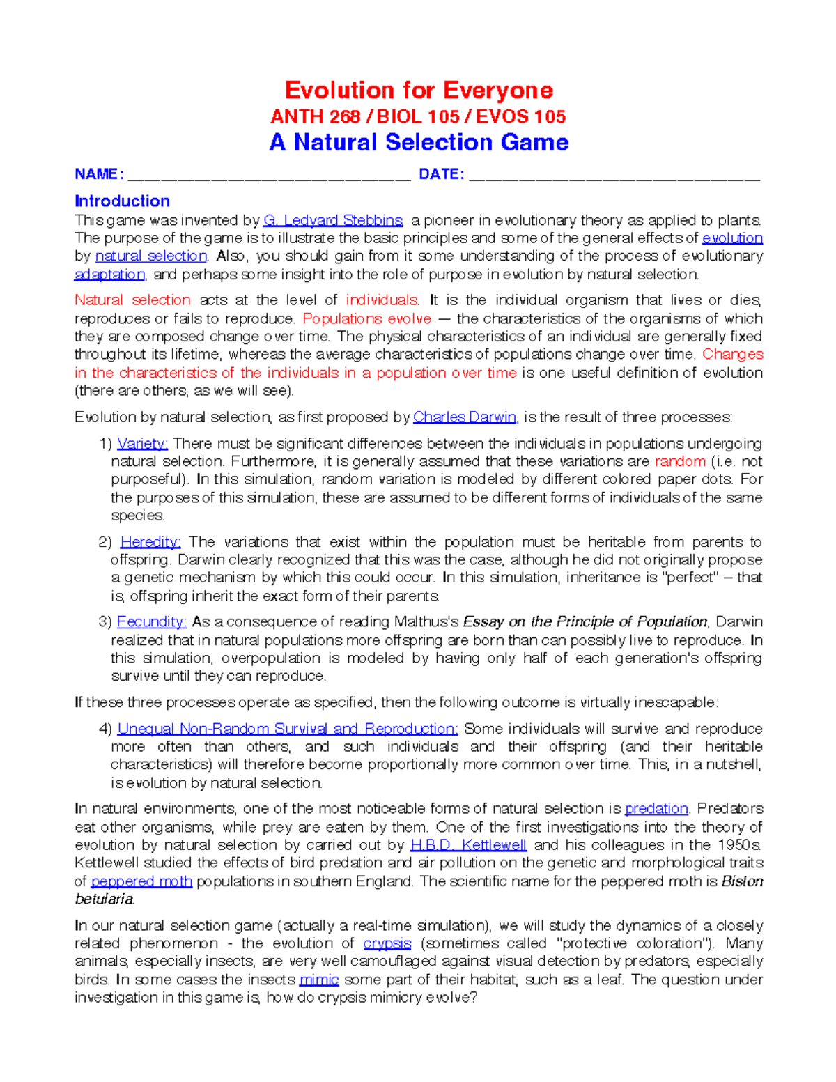 A Natural Selection Game 29Aug22 - Evolution for Everyone ANTH 268 ...