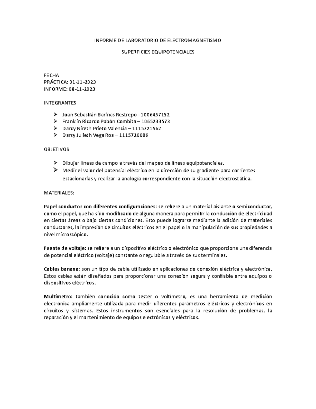 Practica 2. Superficies Equipotenciales - INFORME DE LABORATORIO DE ELECTROMAGNETISMO ...