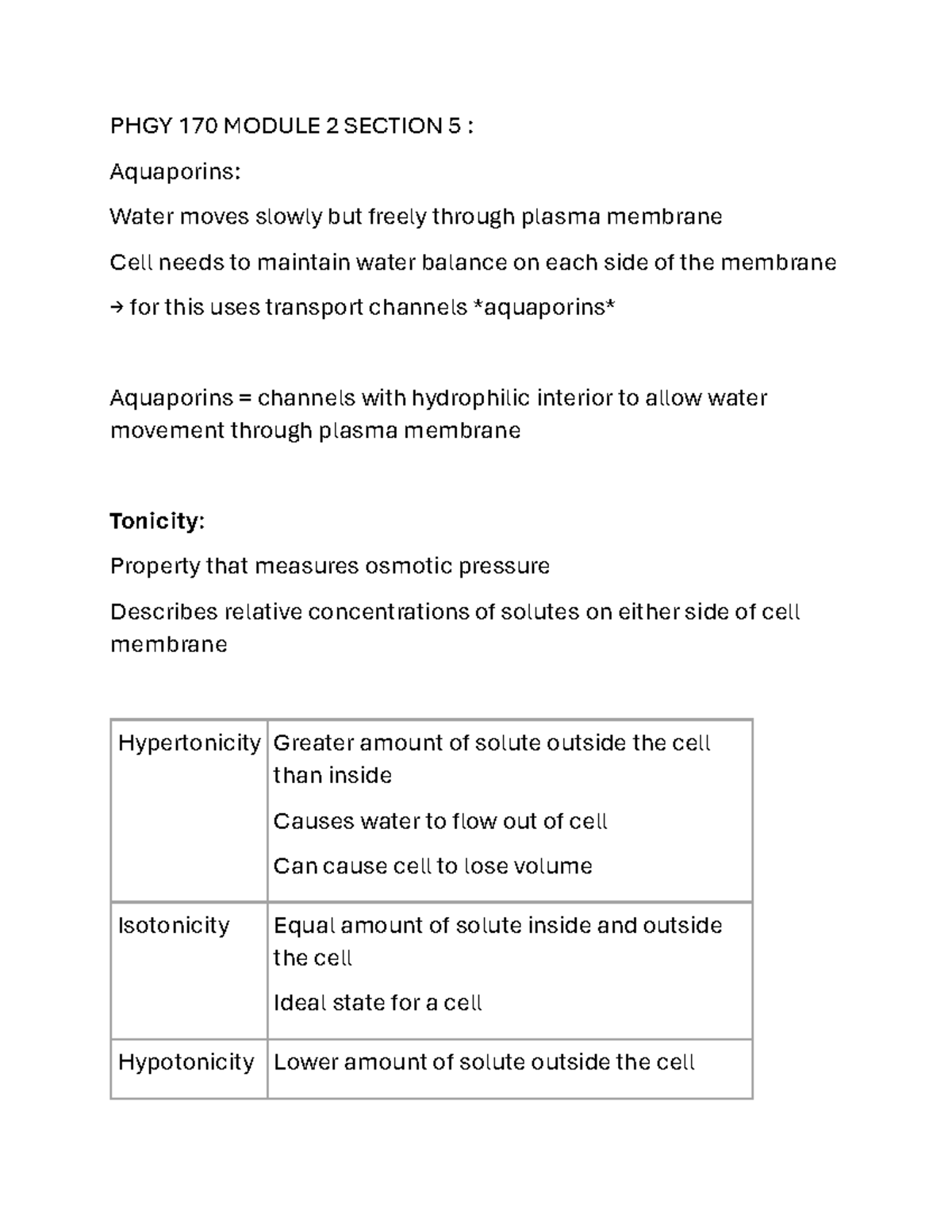 Aquaporins & Tonicity - notes - PHGY 170 MODULE 2 SECTION 5 ...