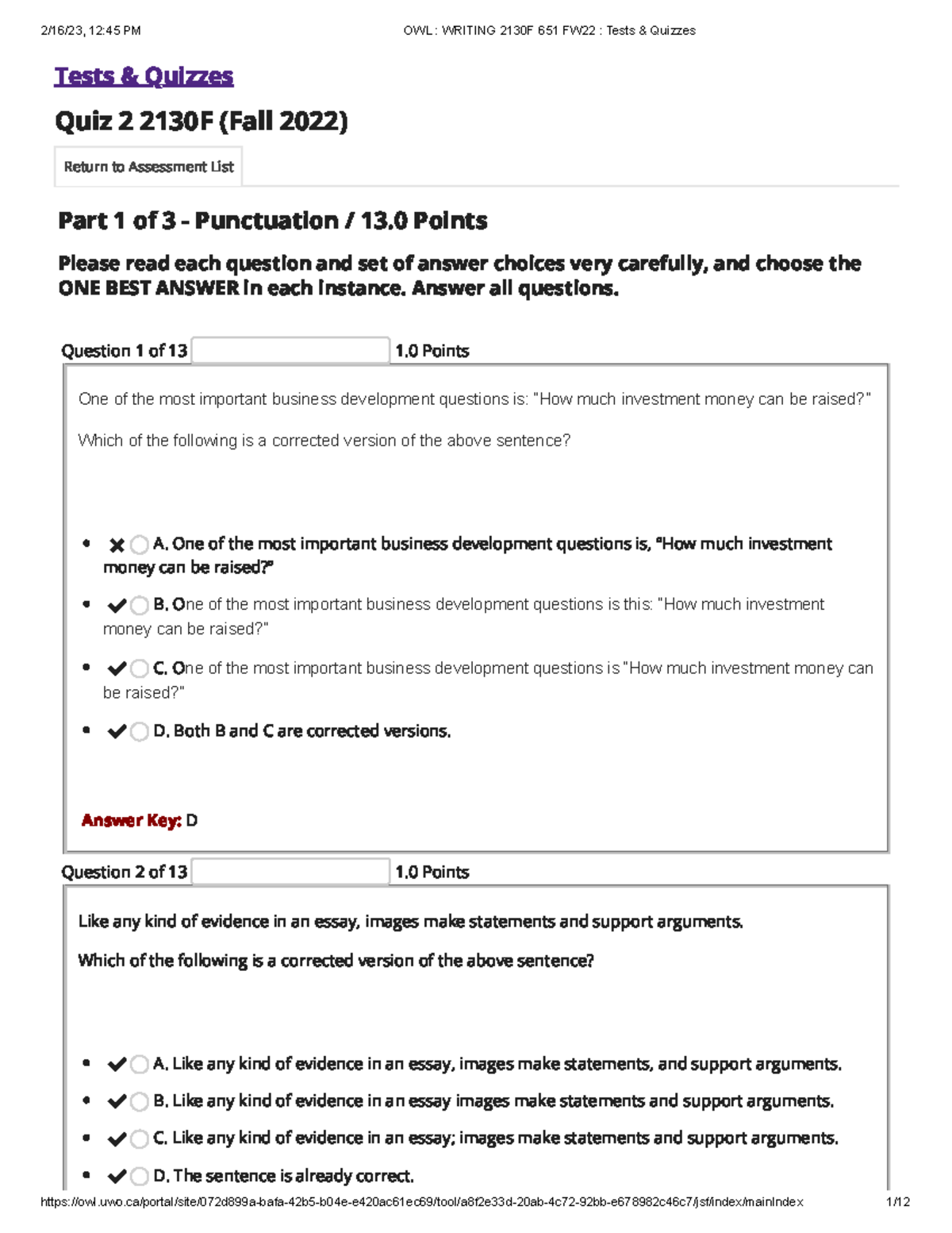 Writing Quiz 2 - quiz - Tests & Quizzes Quiz 2 2130F (Fall 2022) Return ...