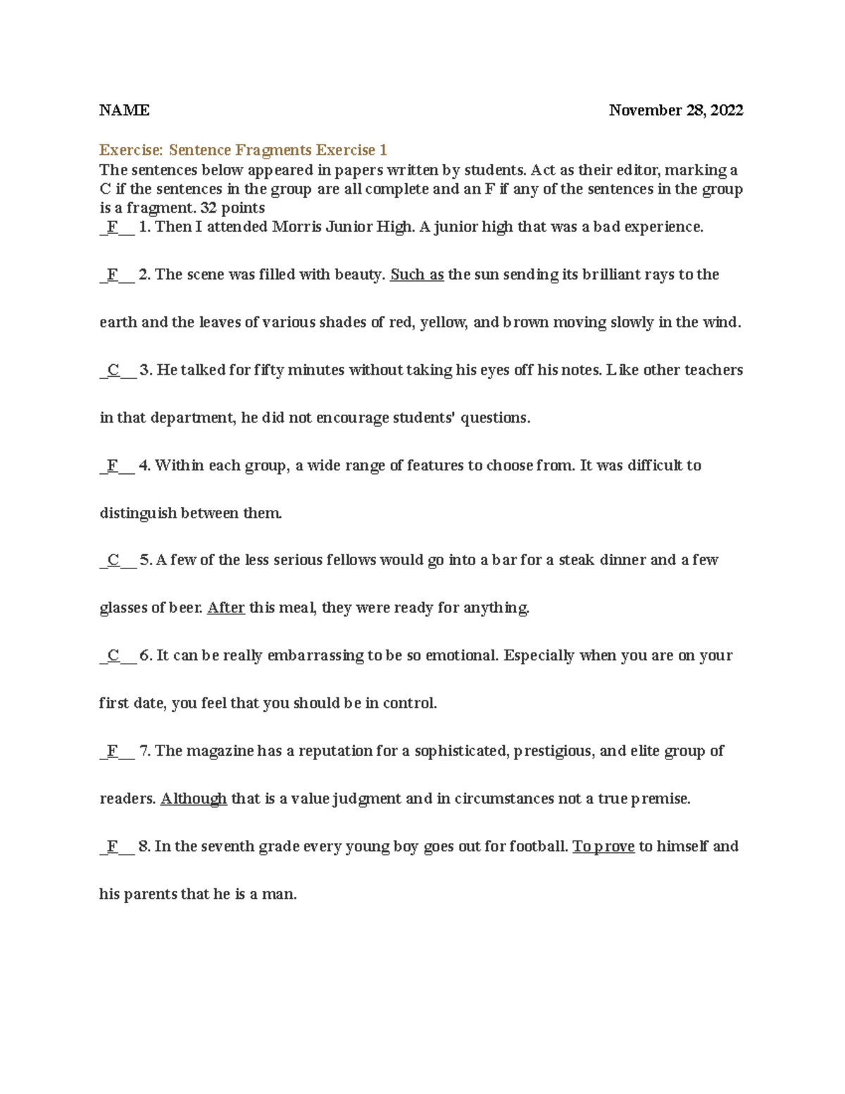 Fragment Exercisess - Nota: A Grade: A - NAME November 28, 2022 ...