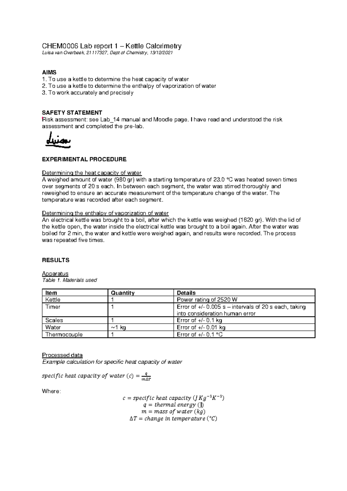 Kettle Calorimetry LAB Report - CHEM0006 Lab report 1 – Kettle ...