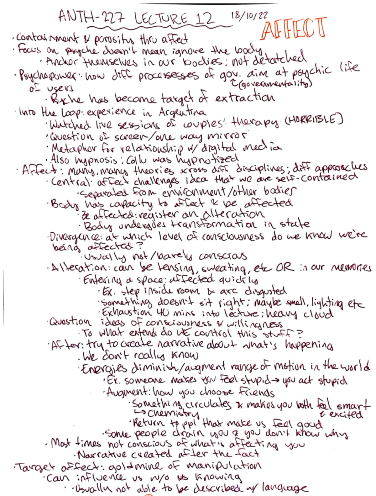 Anth 227 Affect - ANTH-227 LECTURE 12 18/10/ AFFECT •Containment ...