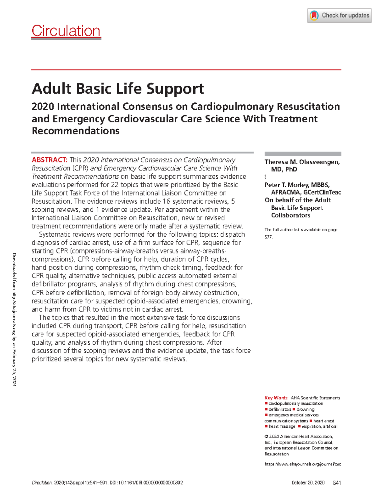 Adult basic life support 2020 AHA - Circulation. 2020;142(suppl 1):S41 ...