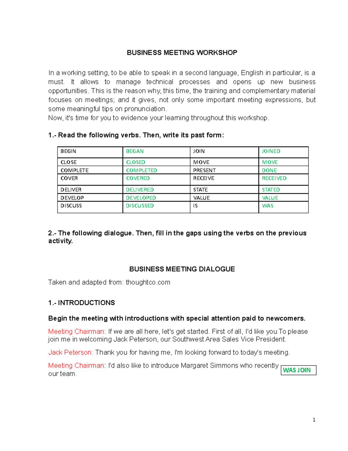 Business Meeting Workshop - BUSINESS MEETING WORKSHOP In a working ...