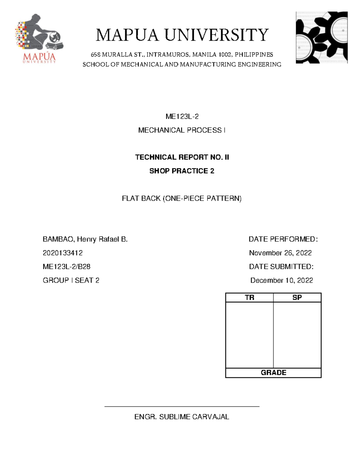 Bambao TR2 - ASDADASDA - MAPUA UNIVERSITY 658 MURALLA ST., INTRAMUROS ...
