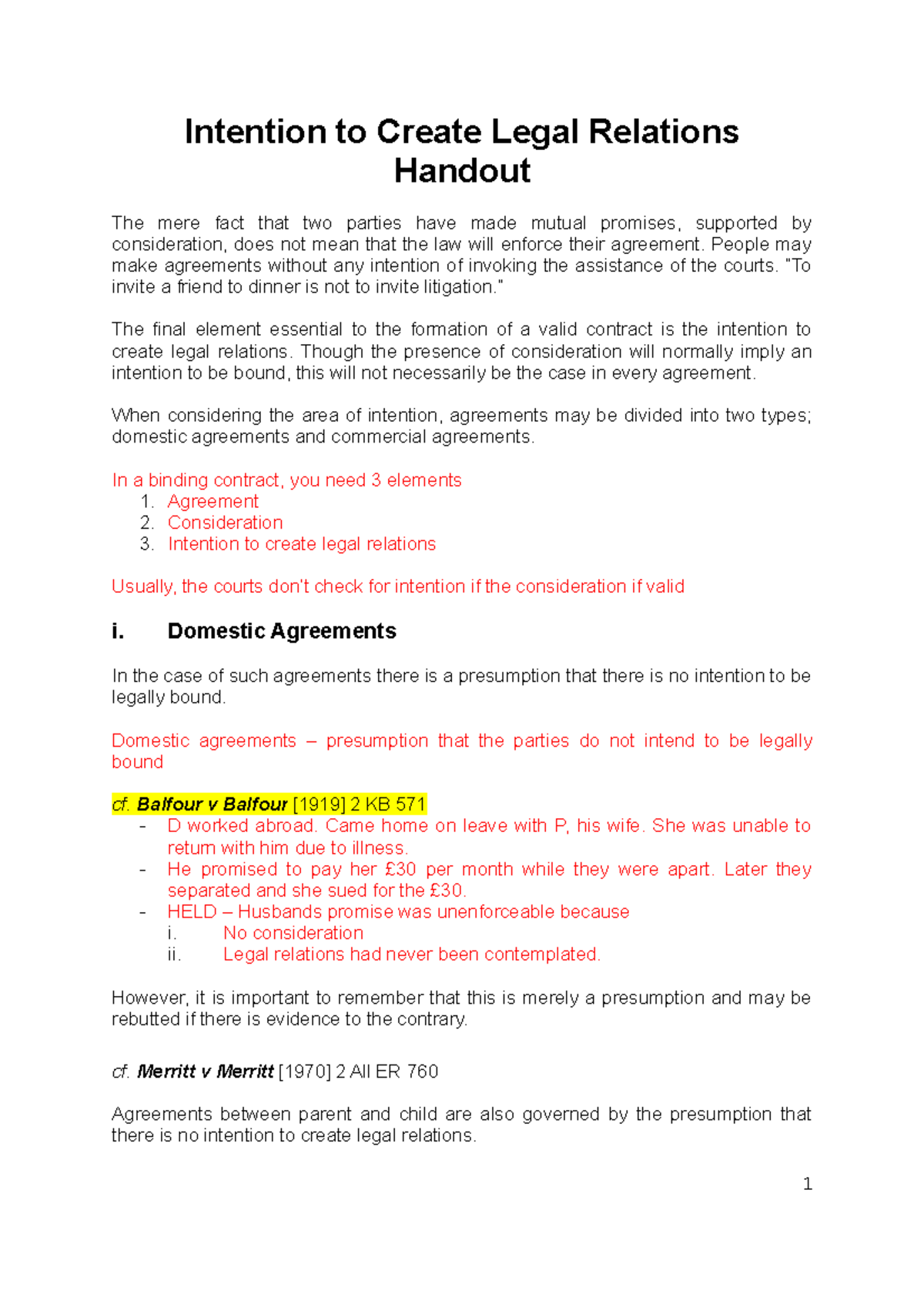 4. Intention to Create LR Handout 22 - Intention to Create Legal ...