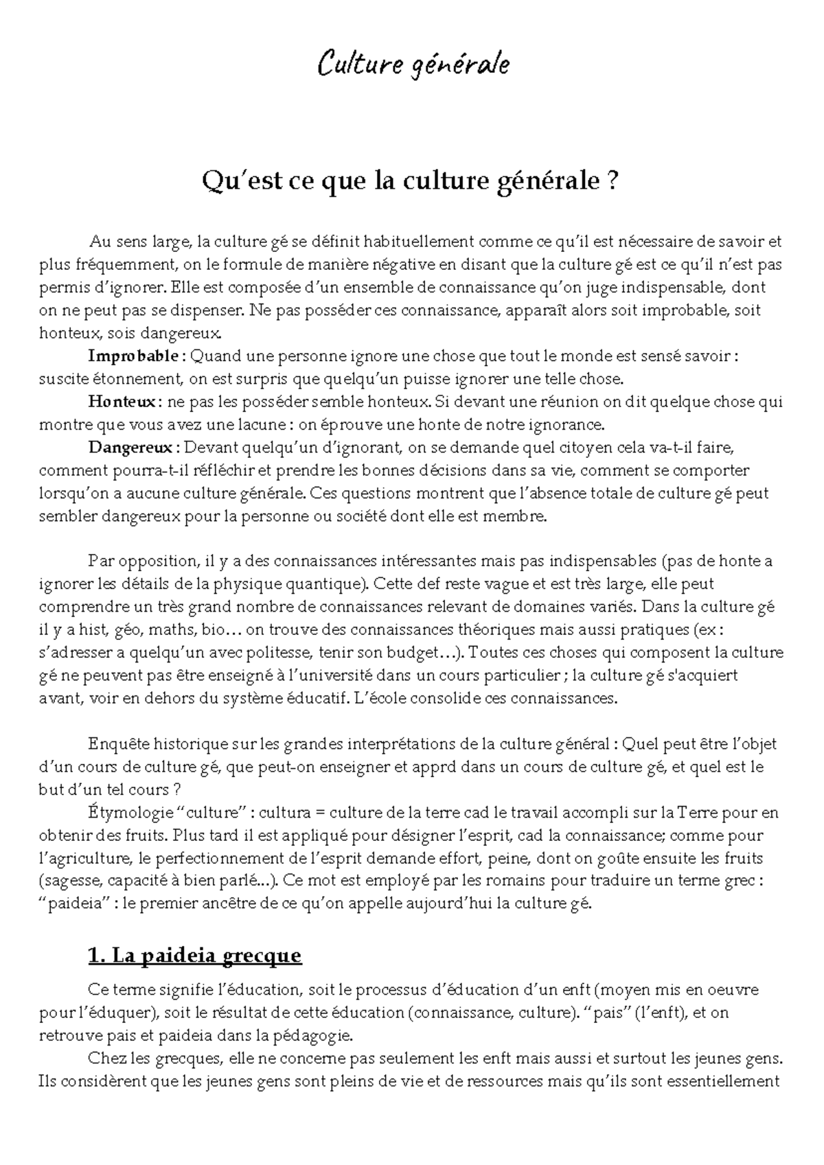 Culture générale - Culture générale Qu’est ce que la culture générale ...