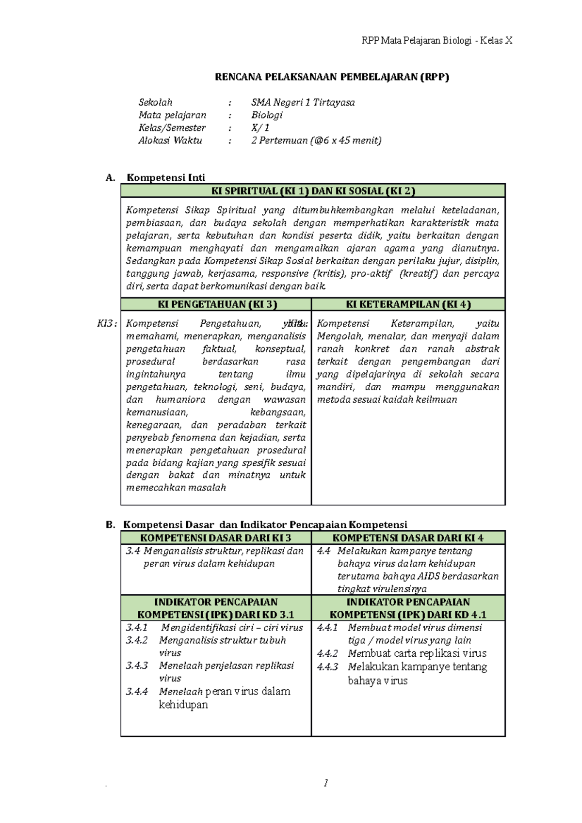 4. RPP KD 3.4 Virus - RENCANA PELAKSANAAN PEMBELAJARAN (RPP) Sekolah : SMA Negeri 1 Tirtayasa ...