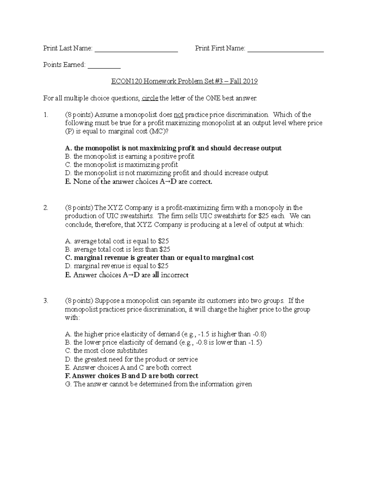 ECON120 Homework Problem Set #3 – Fall 2019 - Points Earned: _________ ECON120 Homework Problem ...