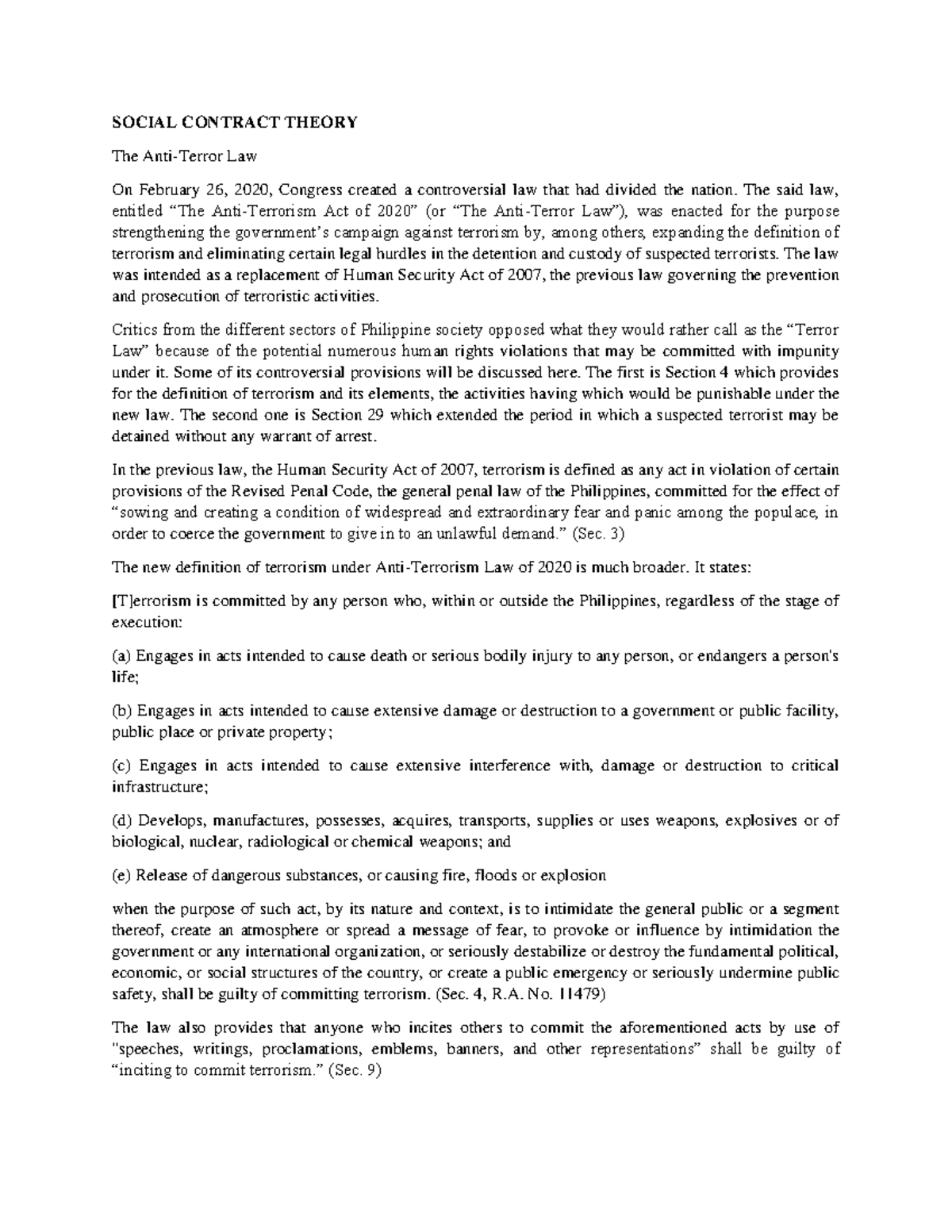 Social Contract Theory-2 - SOCIAL CONTRACT THEORY The Anti-Terror Law ...