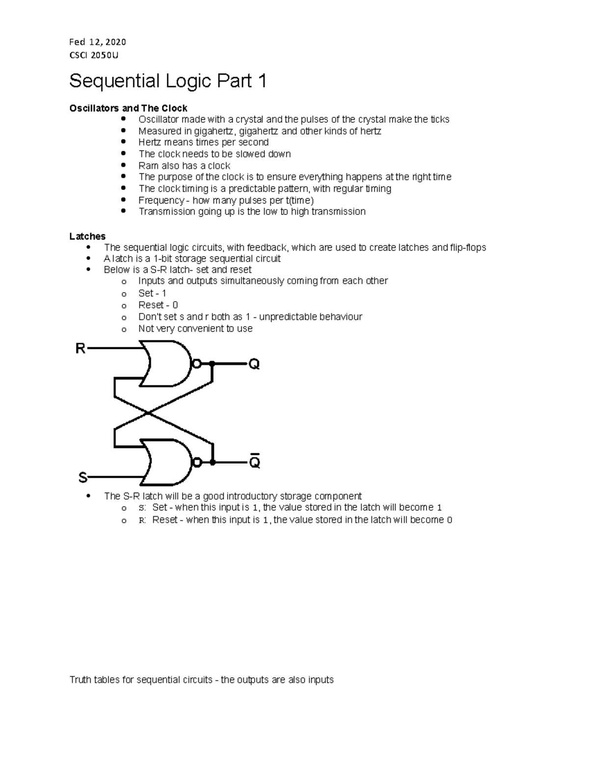 Sequential Logic Part 1 - Fed 12, 2020 CSCI 2050U Sequential Logic Part ...