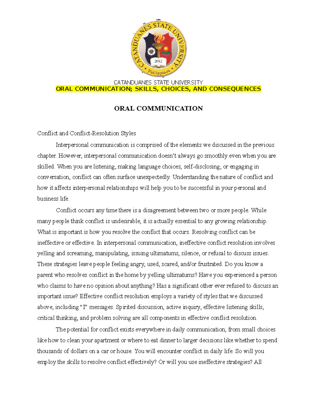 Conflict And Conflict Resolution Styles ORAL COMMUNICATION SKILLS