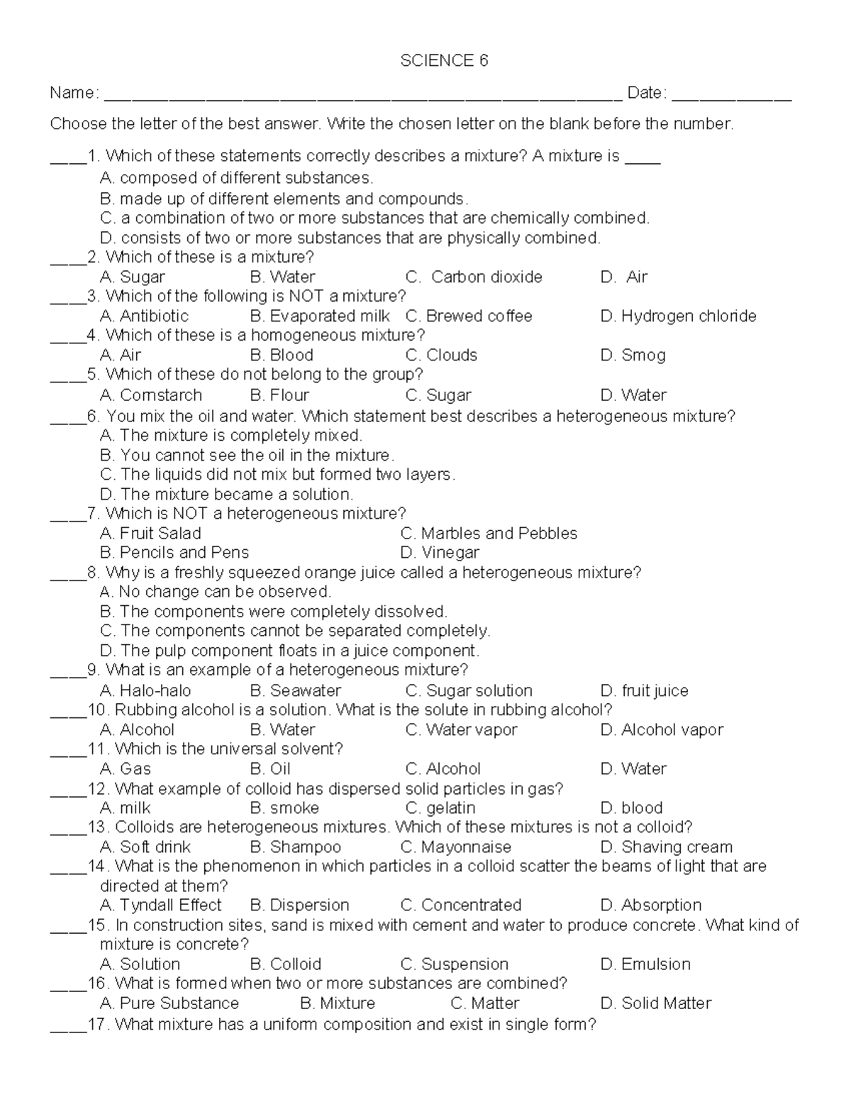 1st summative Science 6 - SCIENCE 6 Name ...