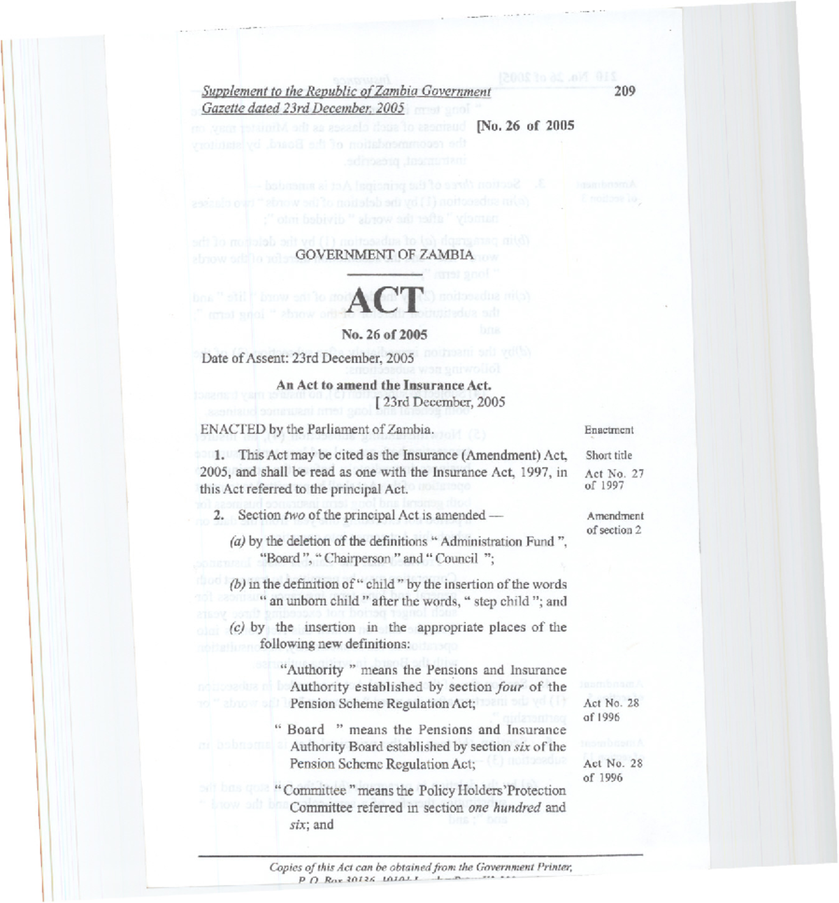 Act No 26, 2005 - Amendment Act - Supplement to the Republic of Zambia ...