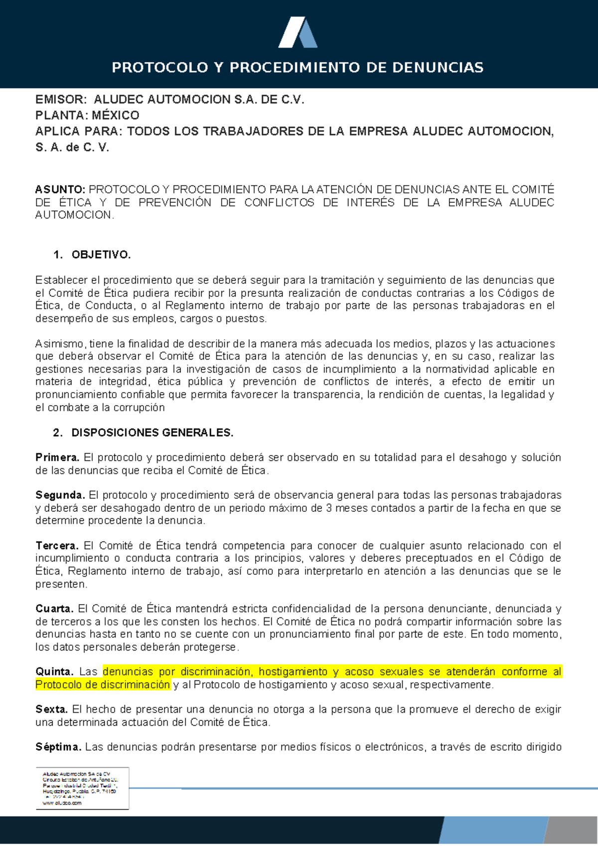 Protocolo de Denuncias 24 - EMISOR: ALUDEC AUTOMOCION S. DE C. PLANTA ...