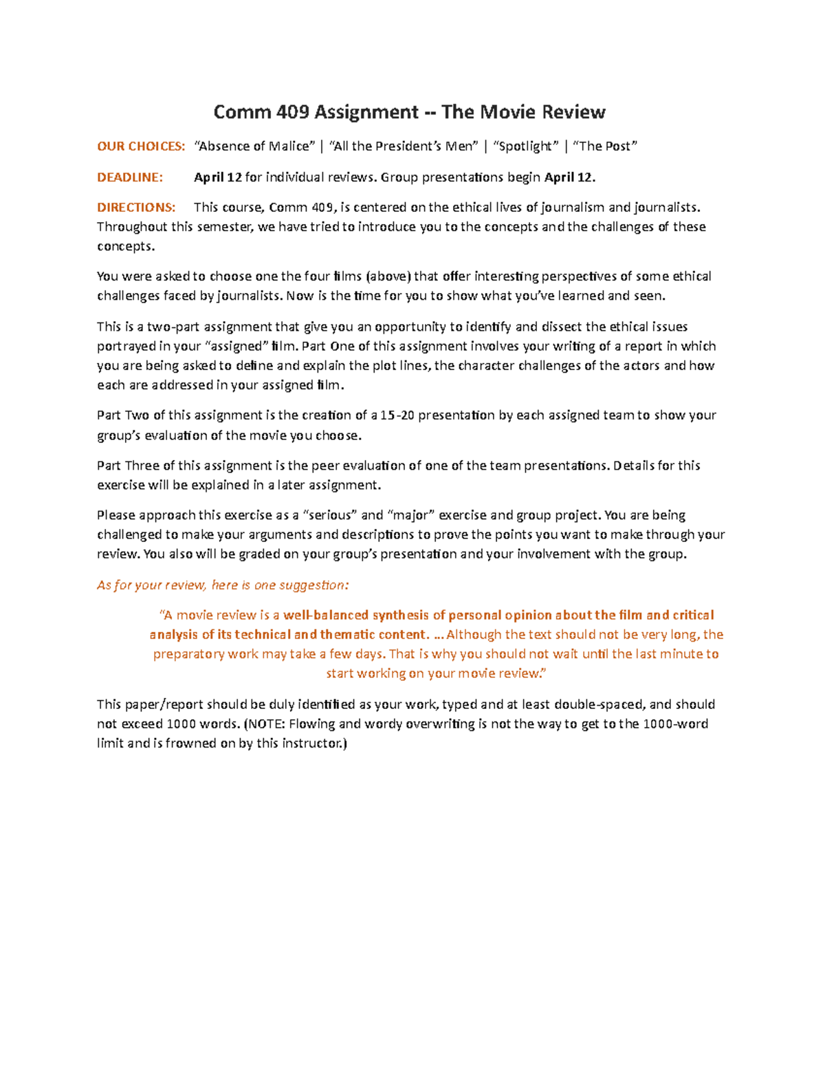 Comm 409-Movie Assignment-Details-1 - Comm 409 Assignment - The Movie ...