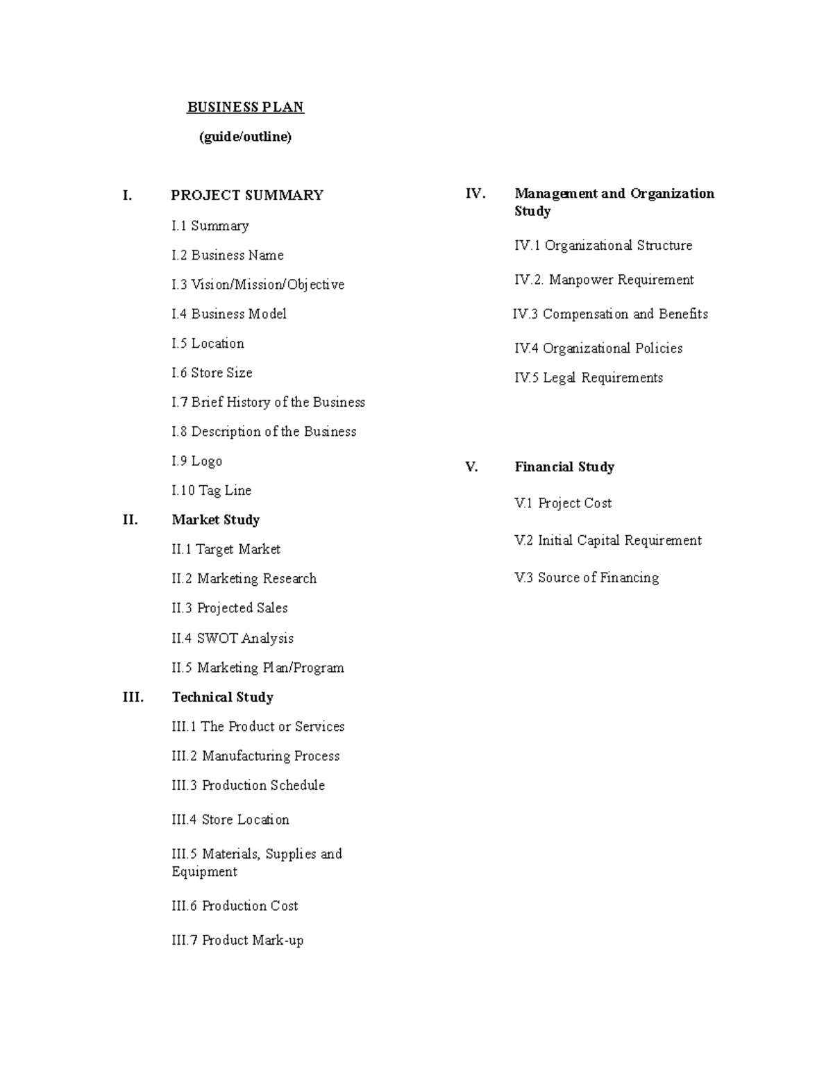 Business-PLAN Guidelines - BUSINESS PLAN (guide/outline) I. PROJECT SUMMARY I Summary I Business ...