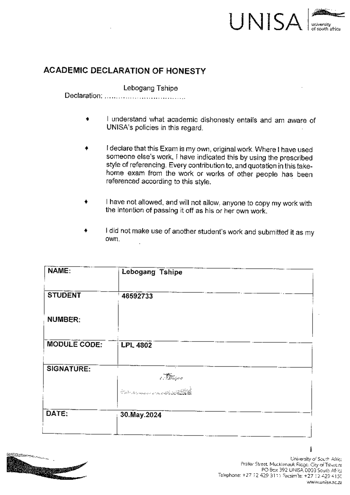 LPL 4802 - Assignment - UNISA university of south africa ACADEMIC ...