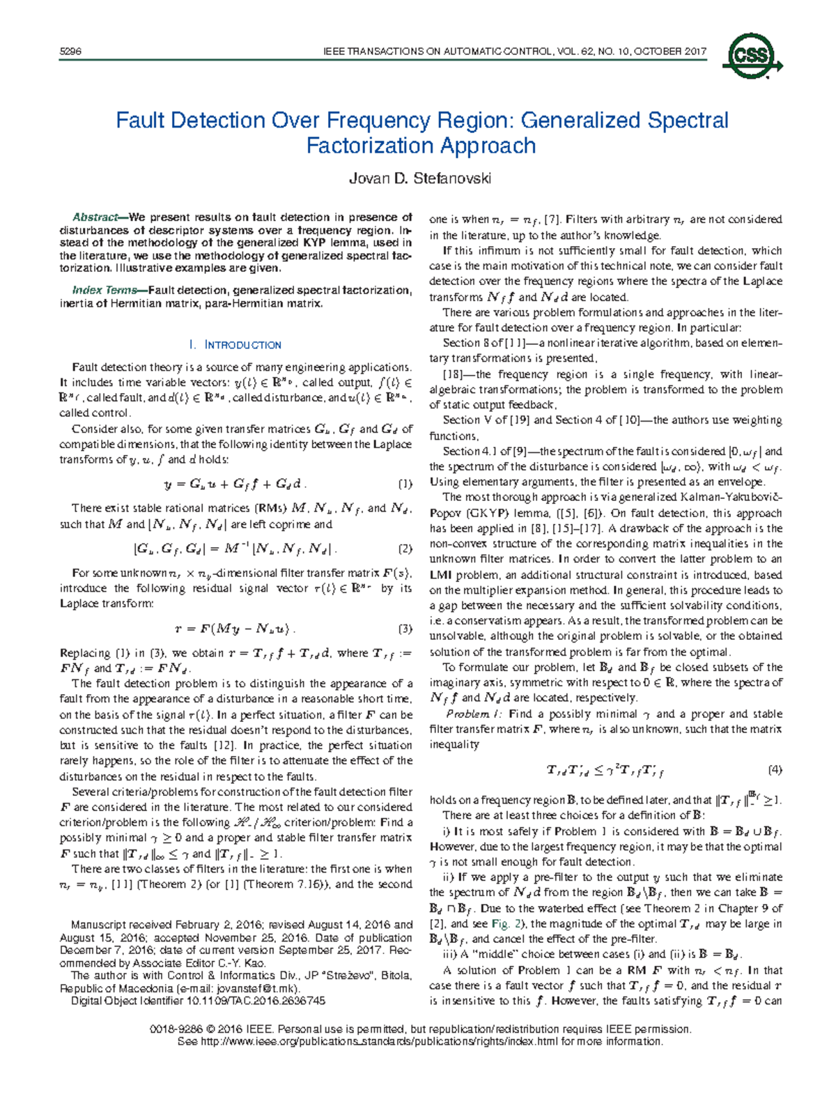 Stefanovski - 2016 - Fault Detection Over Frequency Region Generalized Spectral Factorization ...