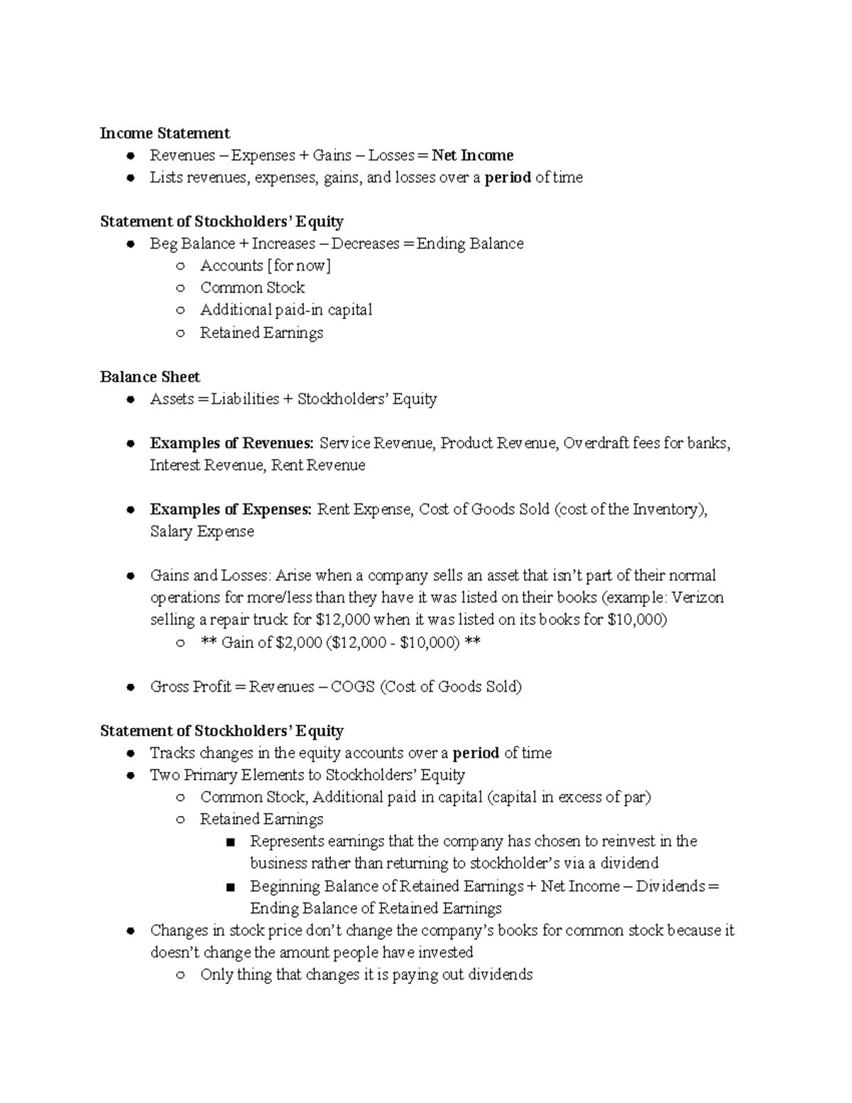 General Accounting Notes - Income Statement Revenues – Expenses + Gains ...