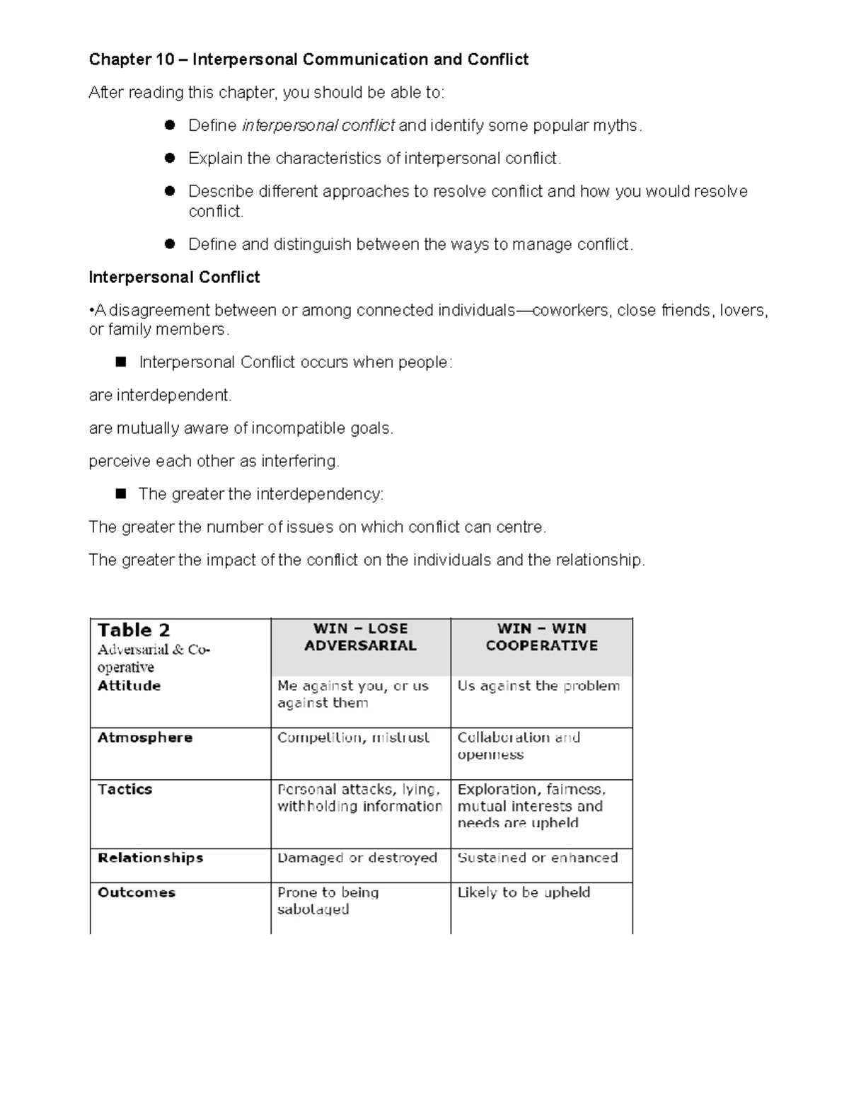 Summary Notes Chapter 10 -Interpersonal Communication and Conflict-1 ...