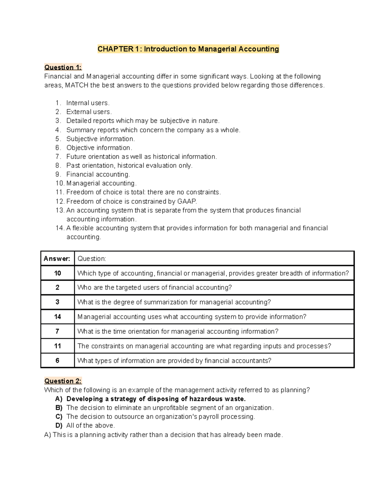 Assignments - CHAPTER 1: Introduction to Managerial Accounting Question ...