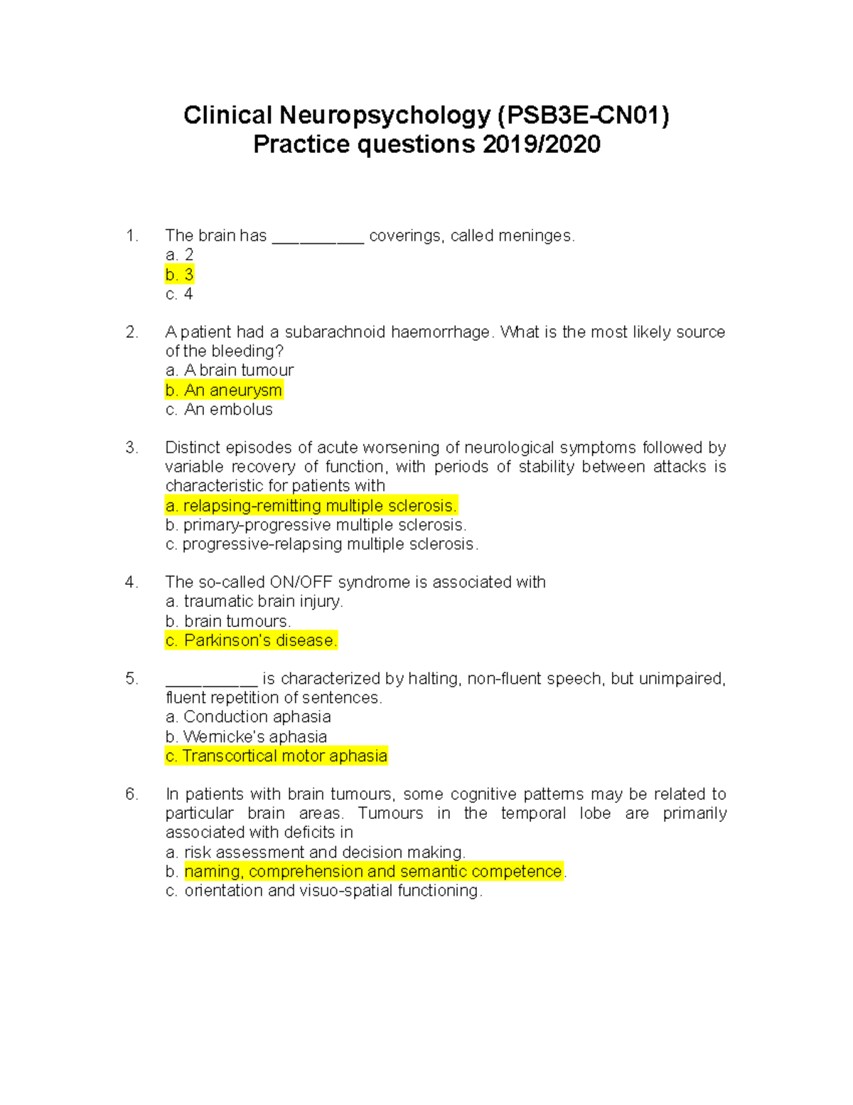 Practice questions CN 2020-checked - Clinical Neuropsychology (PSB3E ...