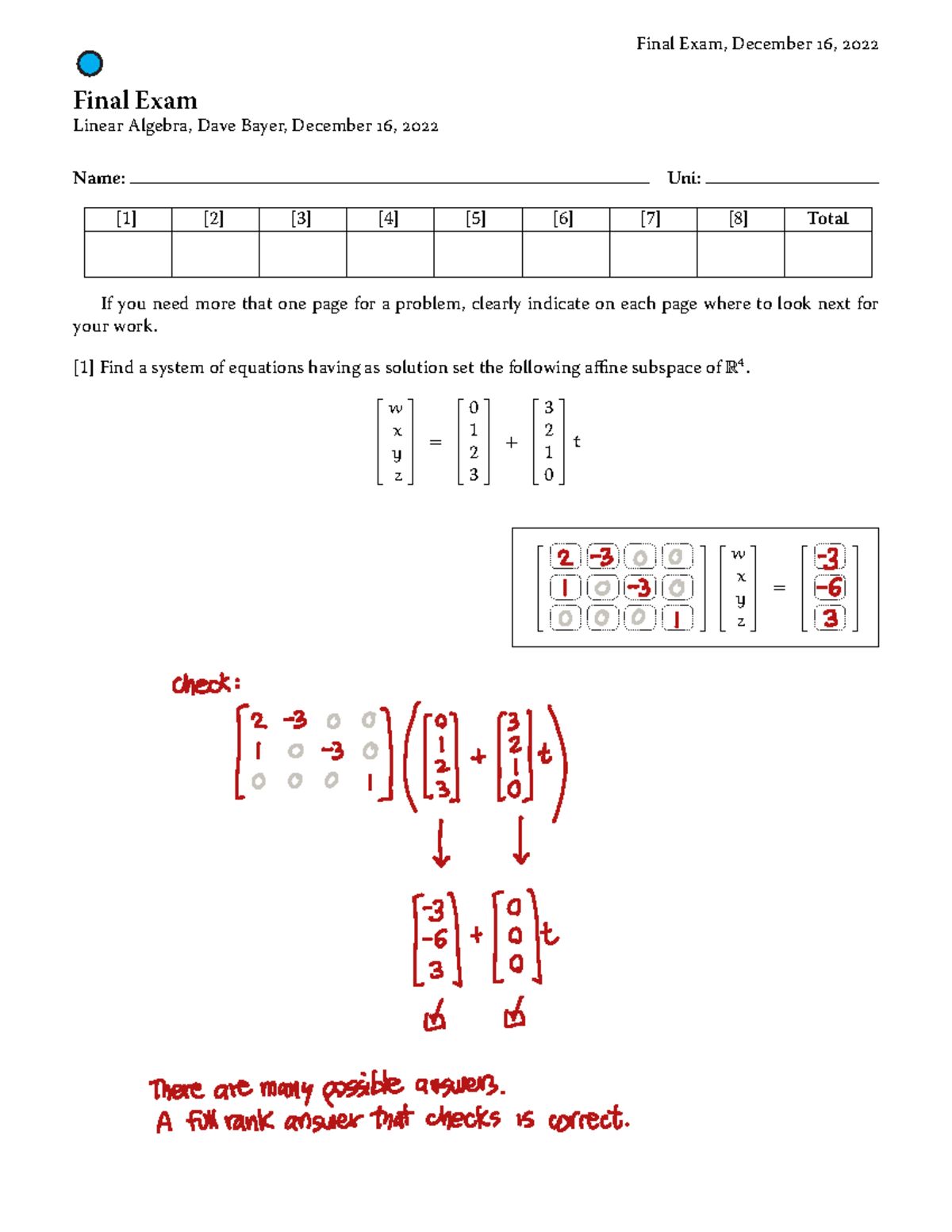 Final F22 001 Solutions Linear Algebra - Final Exam Linear Algebra ...