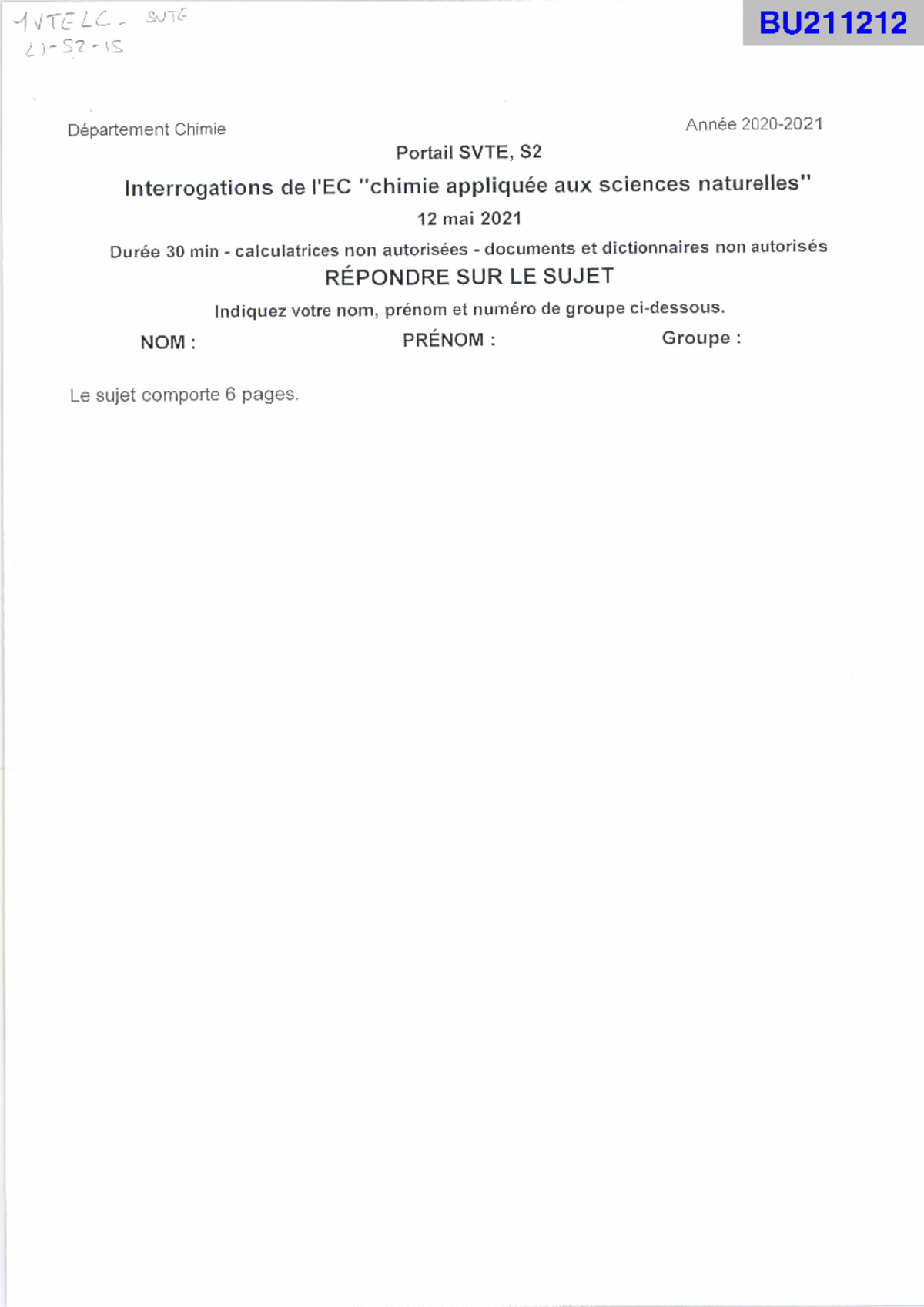 Interro chimie BU211212 - Chimie ASN - Studocu