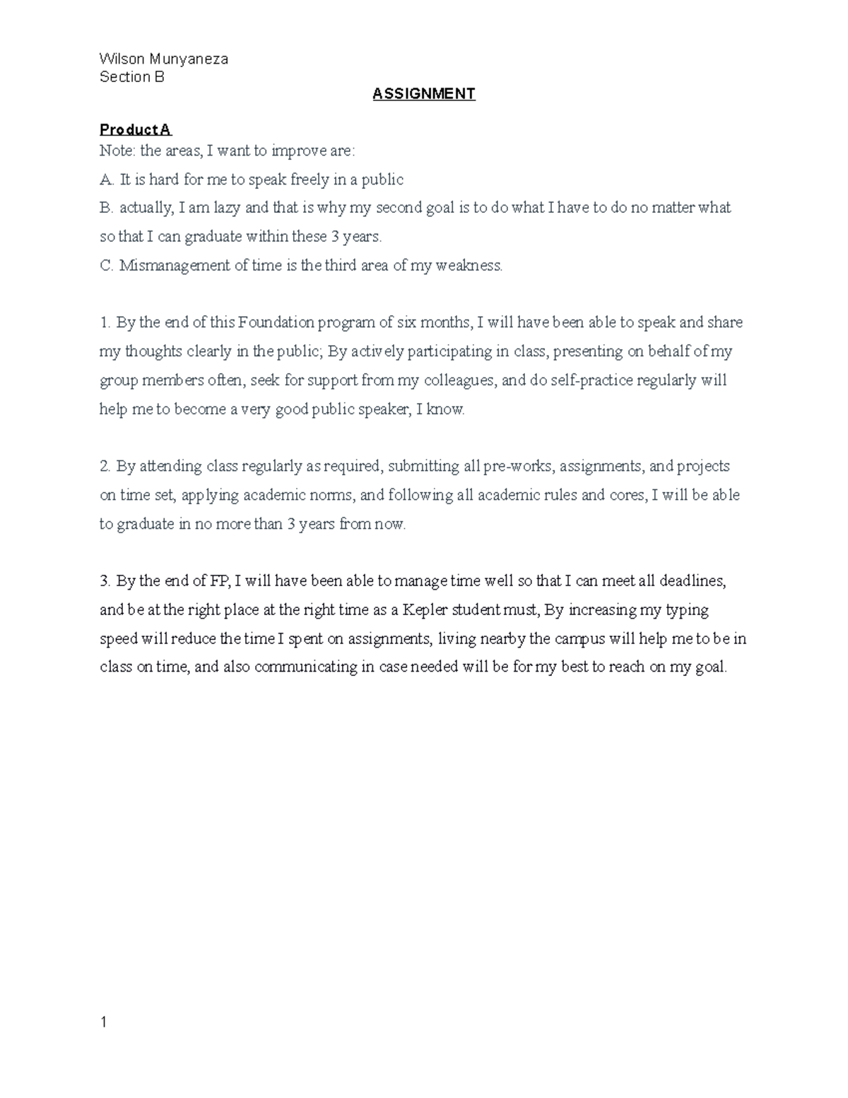 Wilson.Action plan Assignment 1 - Wilson Munyaneza Section B ASSIGNMENT ...