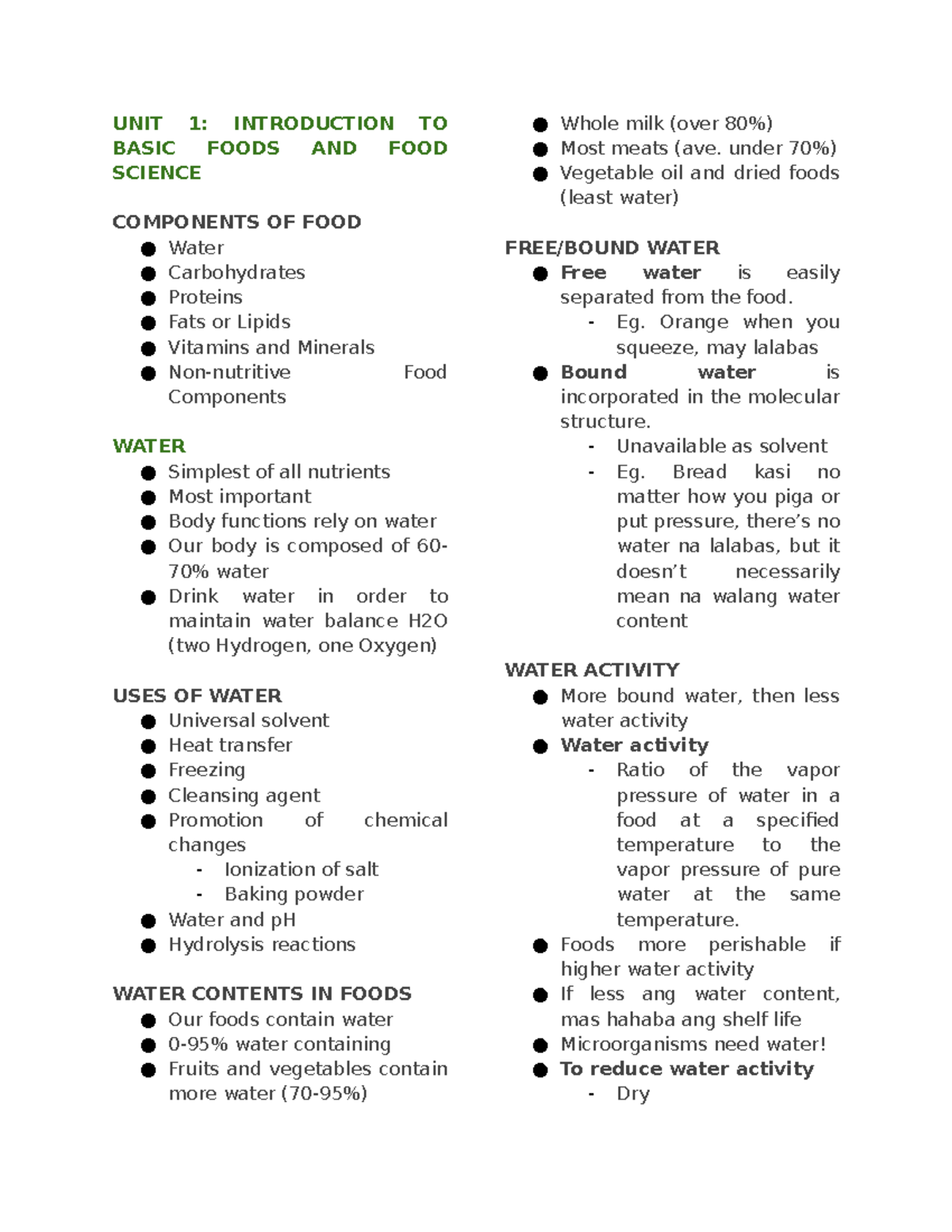 Notes - UNIT 1: INTRODUCTION TO BASIC FOODS AND FOOD SCIENCE COMPONENTS ...