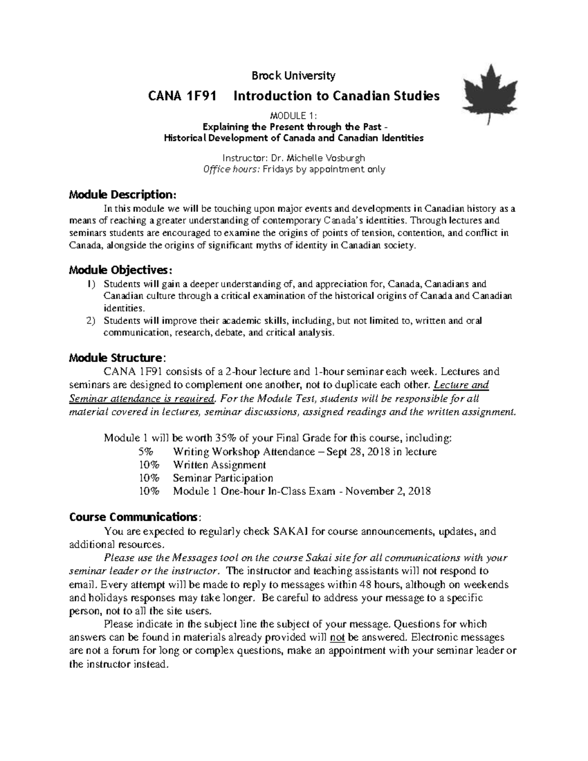 CANA 1F91 Module 1 Course outline - Brock University CANA 1F91 ...