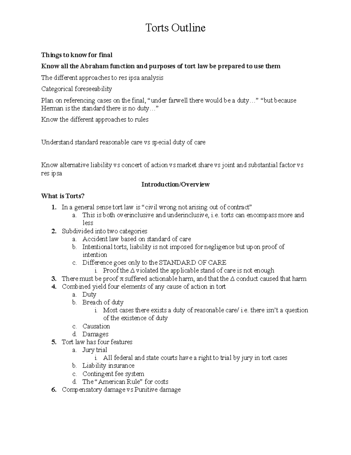 Tort Outline Fall2021 - Things to know for final Know all the Abraham ...