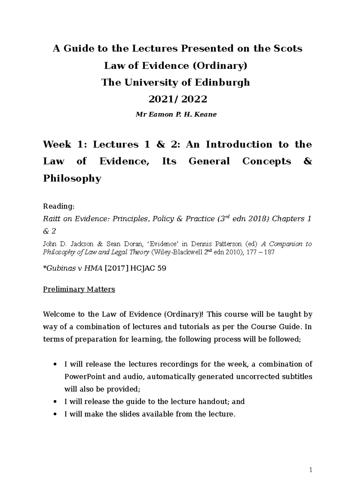 Evidence - Lecture Handouts - A Guide to the Lectures Presented on the ...