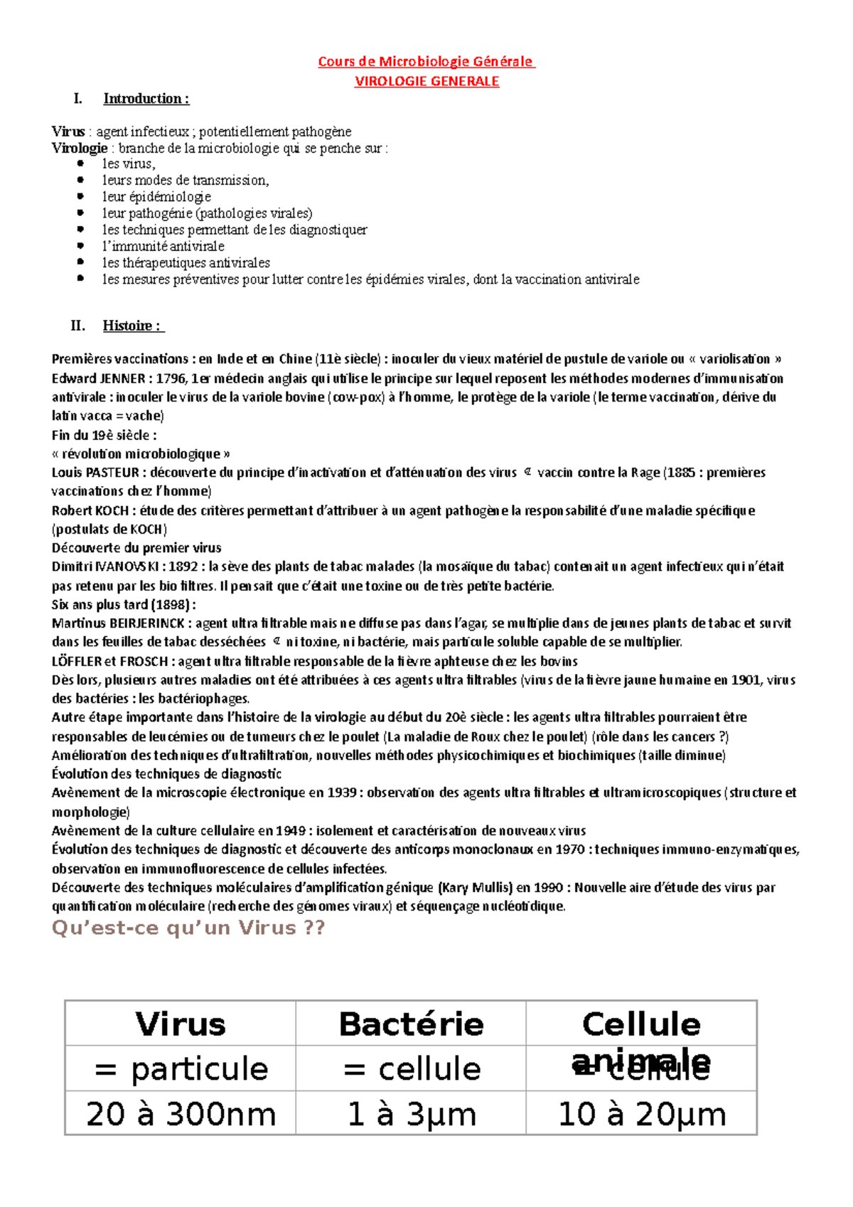 Virologie 1 - Cours de Microbiologie Générale VIROLOGIE GENERALE I. Introduction : Virus : agent ...