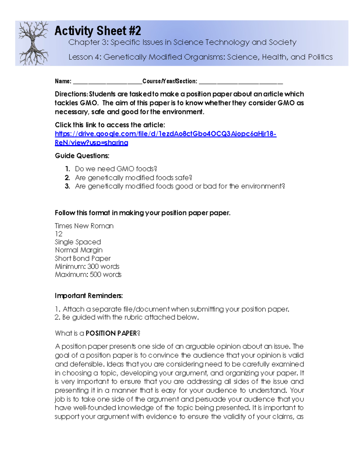 Chapter 3- Activity 2 (Position Paper) - Name ...