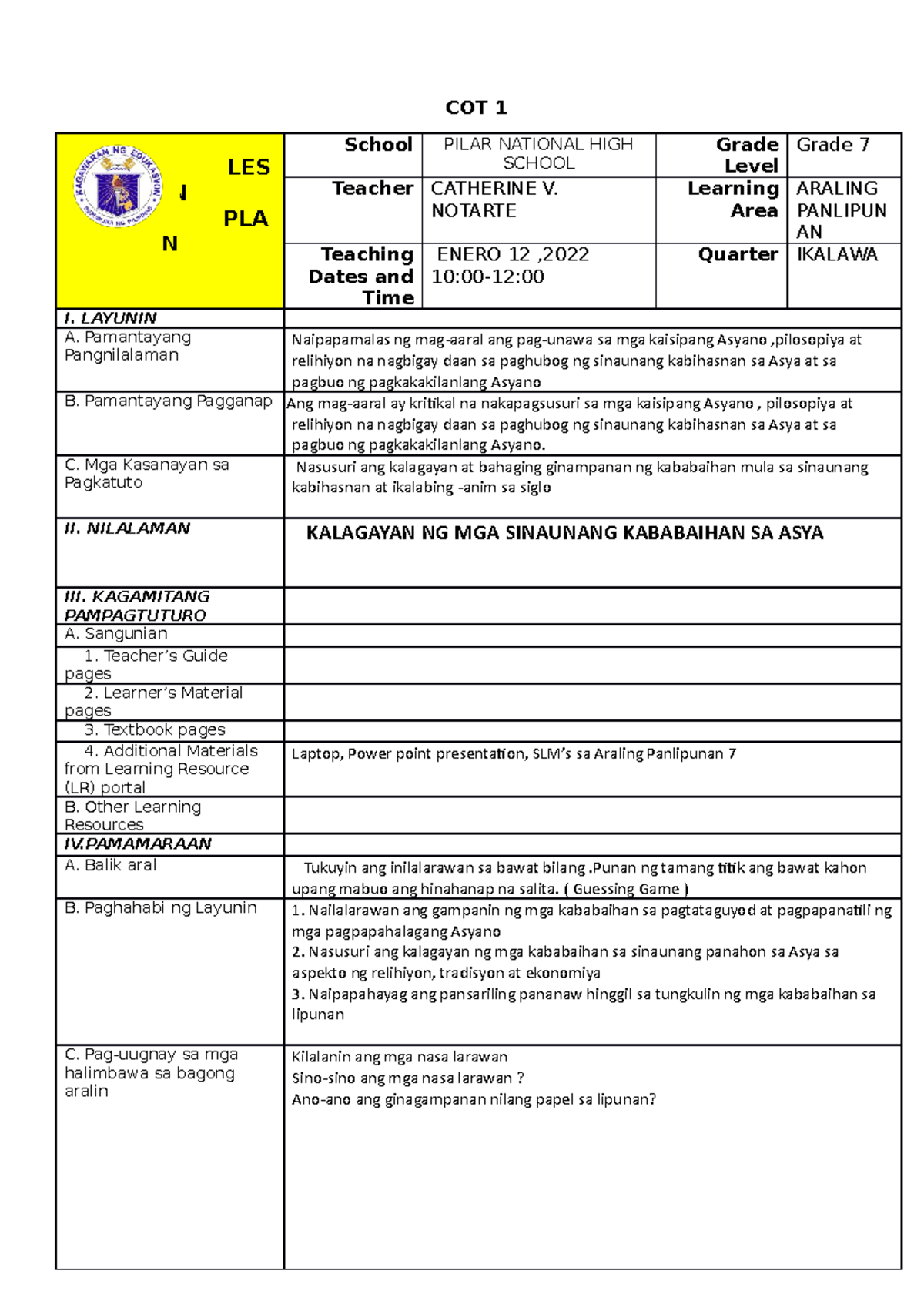 DLL-AP - For lecture notes - COT 1 LES SON PLA N School PILAR NATIONAL ...