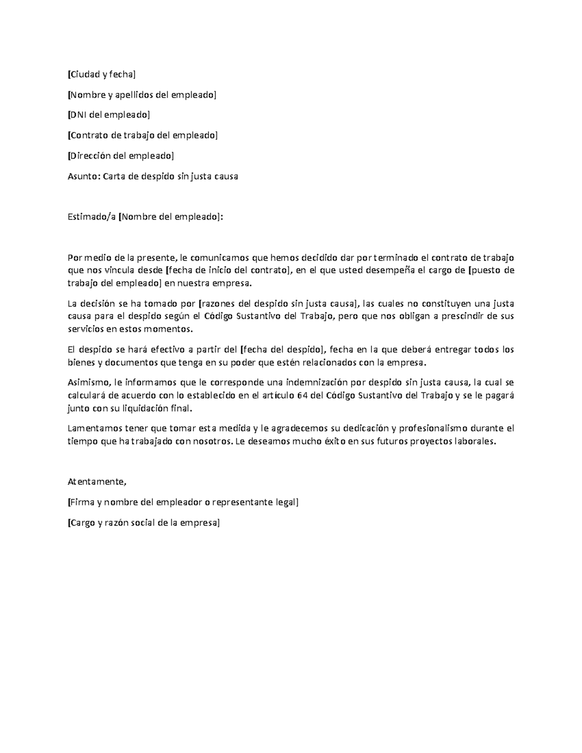 Carta De Despido Sin Justa Causa Word Colombia [ciudad Y Fecha