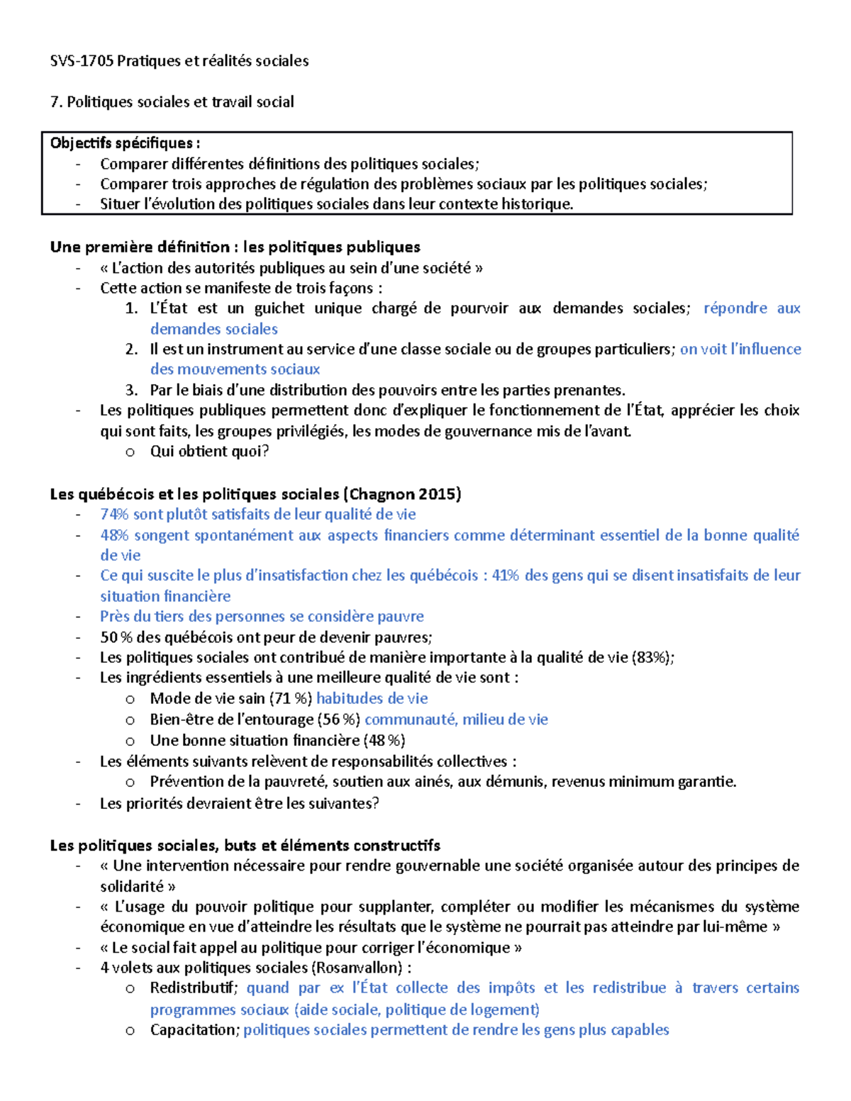7. Politiques sociales, Notes de cours - SVS-1705 Pratiques et réalités ...