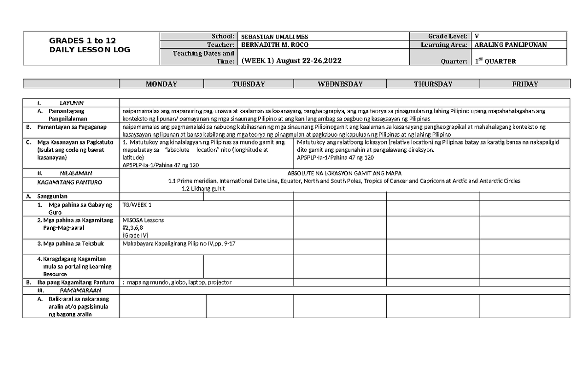 DLL Araling Panlipunan 5 Q1 W1 - GRADES 1 to 12 DAILY LESSON LOG School: SEBASTIAN UMALI MES ...