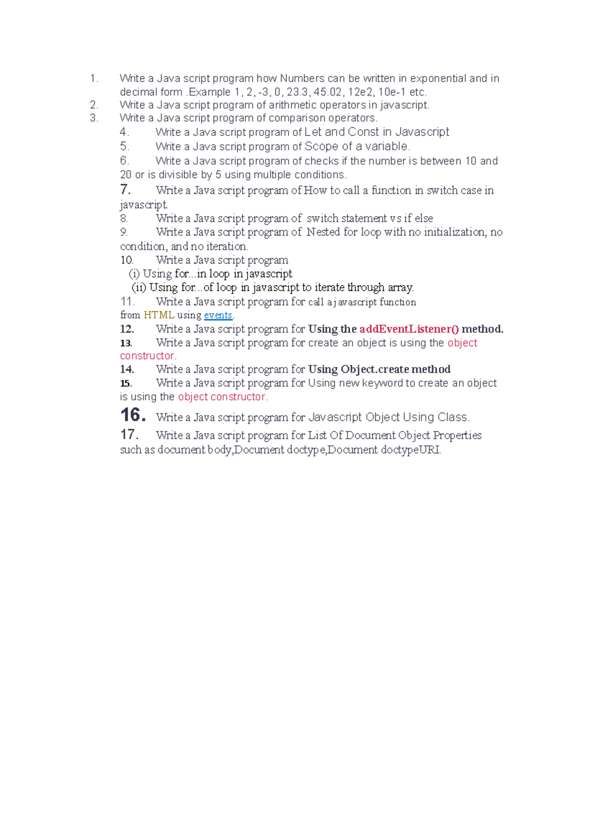 Java Script Assignments FSD - 1. Write a Java script program how Numbers can be written in - Studocu