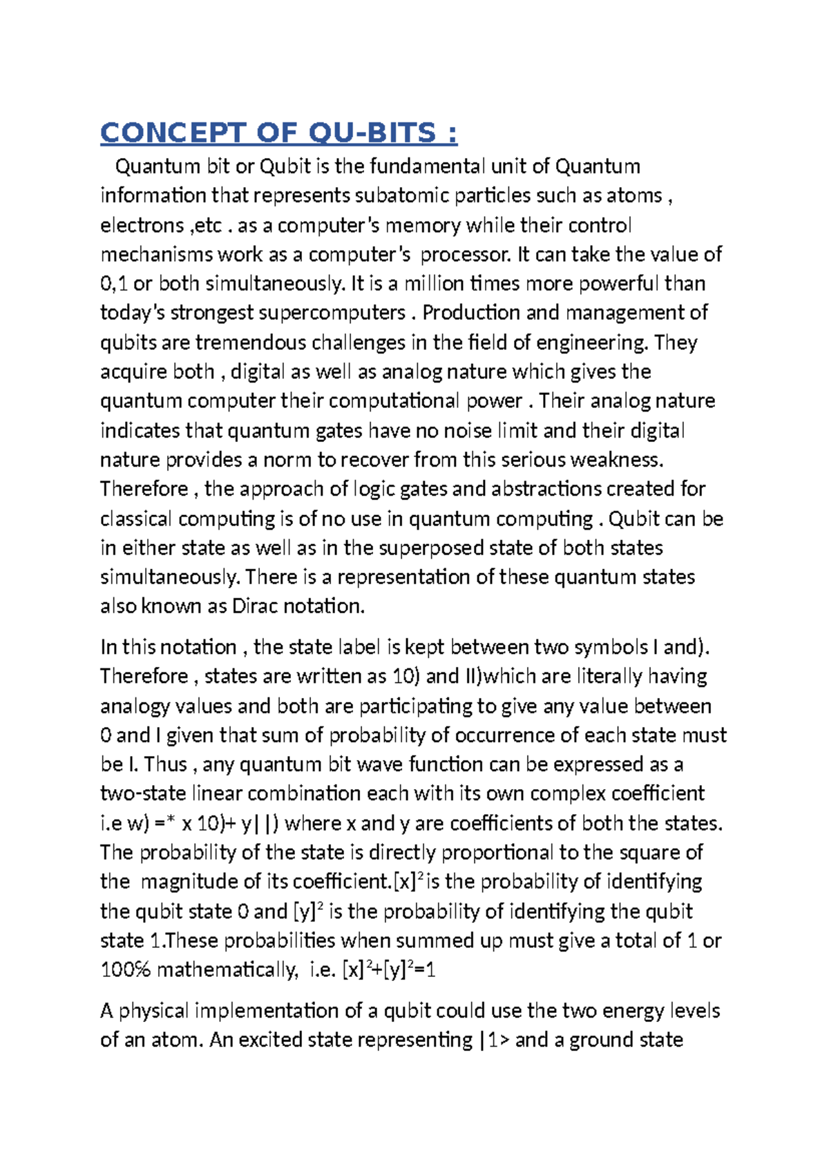 quantum computing - CONCEPT OF QU-BITS : Quantum bit or Qubit is the ...