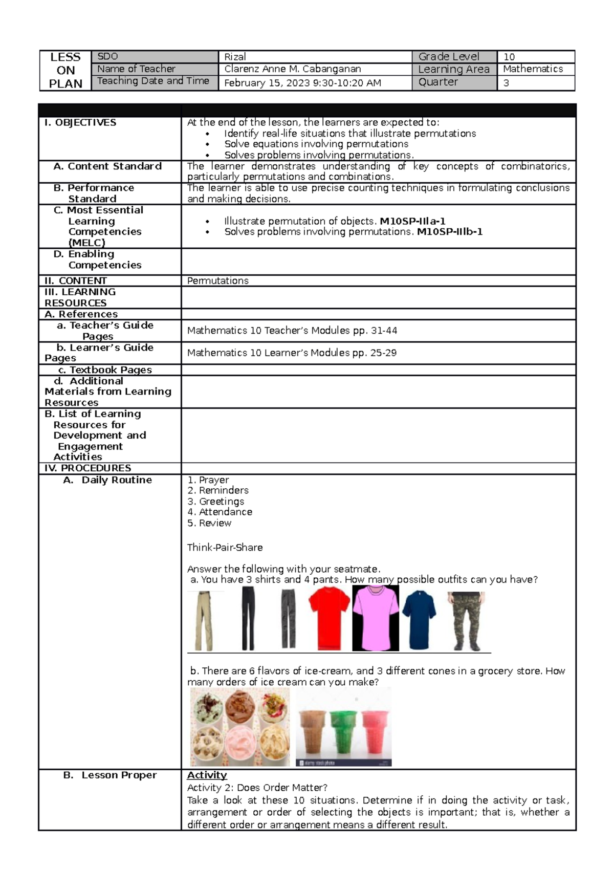 Permutations LE - Lesson Exemplar - LESS ON PLAN SDO Rizal Grade Level ...