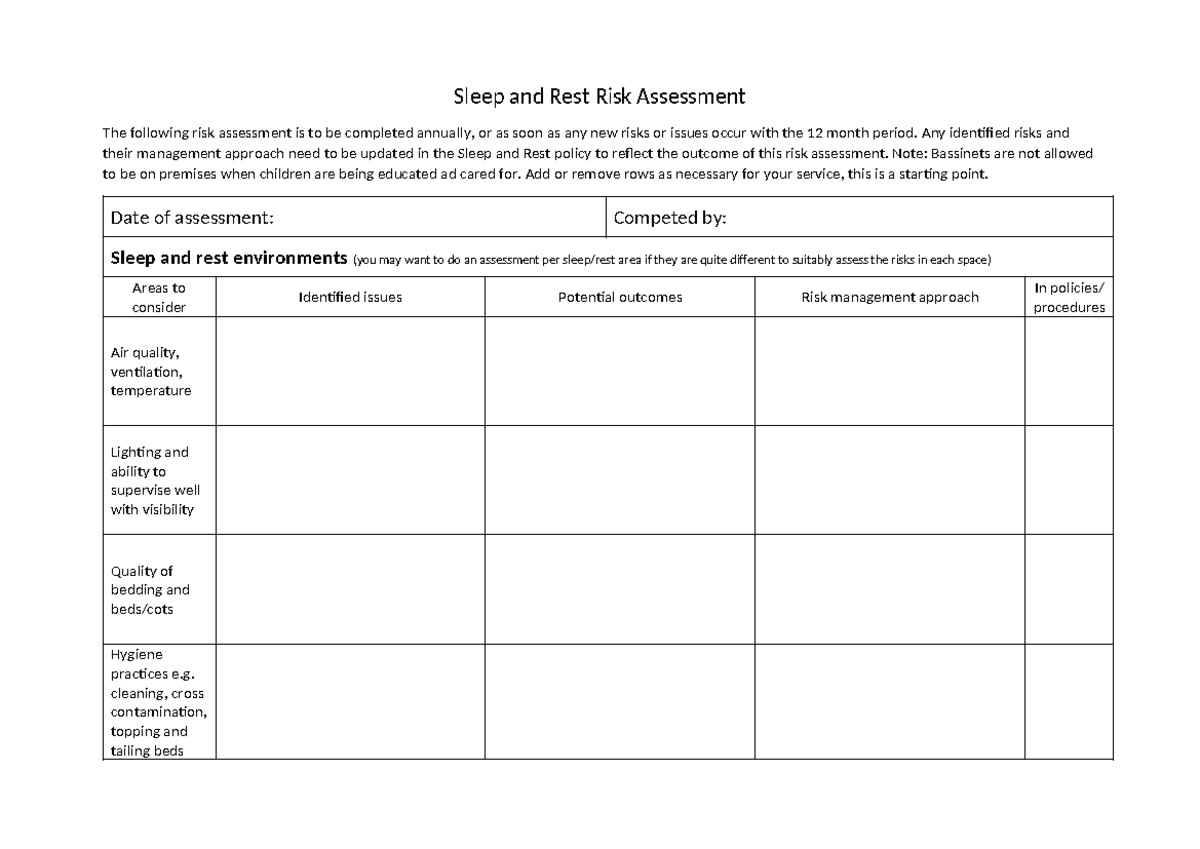 Sleep and Rest Risk Assessment - Any identified risks and their ...